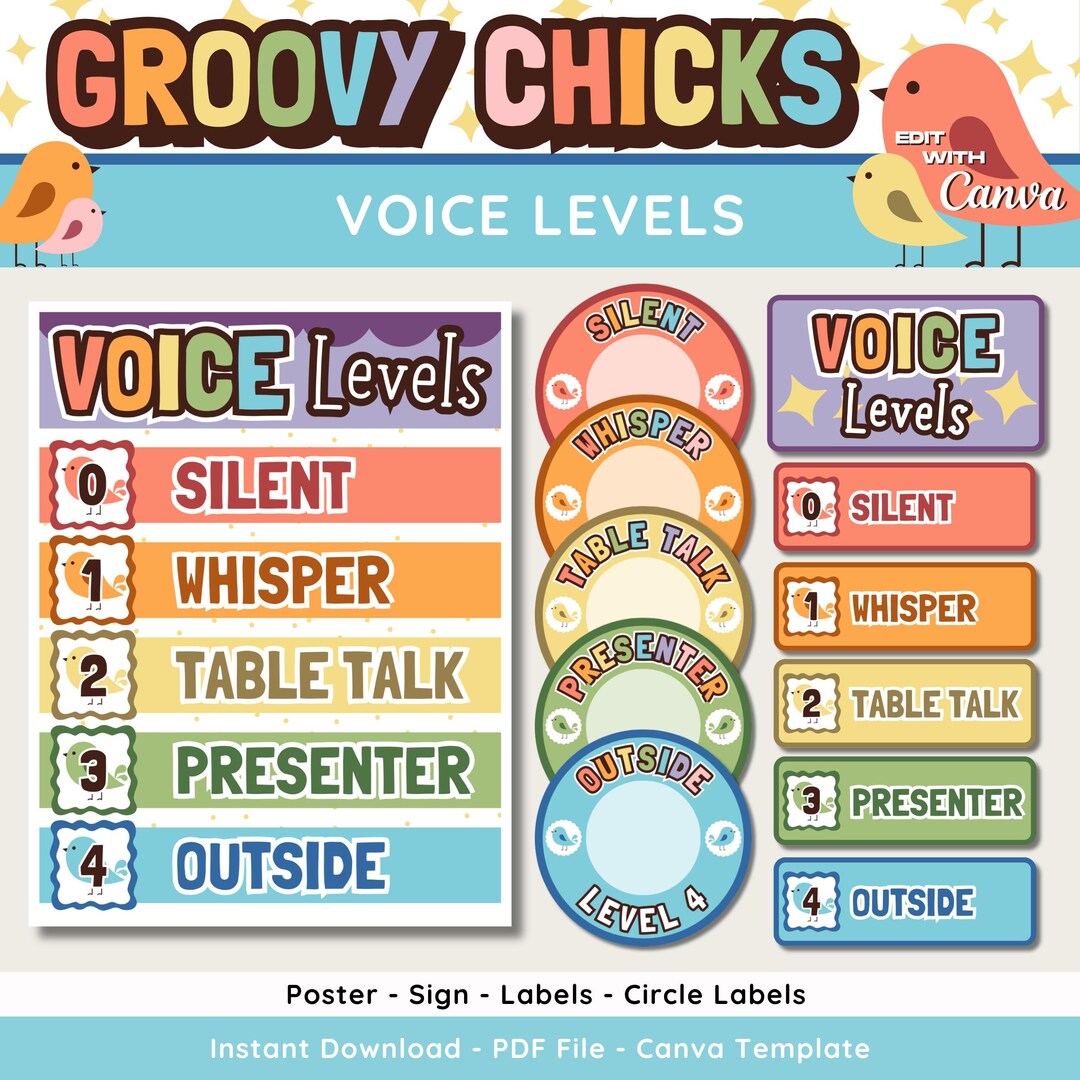 Groovy Chicks Classroom Voice Levels Poster, Editable Decor (digital ...
