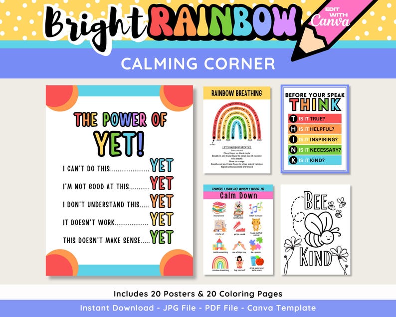 Bright Rainbow Calming Corner Printable Posters, Editable Teacher ...
