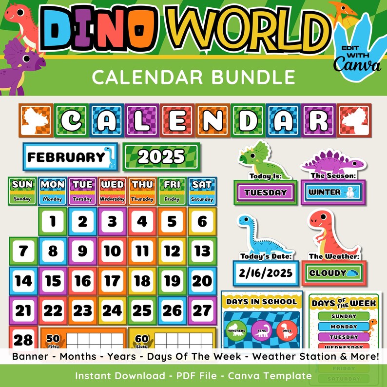 Dinosaur Classroom Calendar Kit: Editable Printable Theme (canva ...