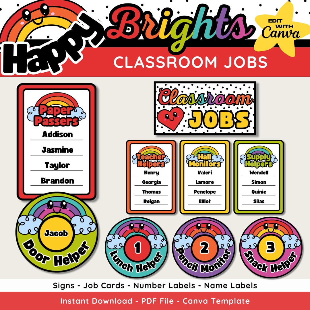 Rainbow Classroom Jobs Display, Printable & Editable Student Helpers ...