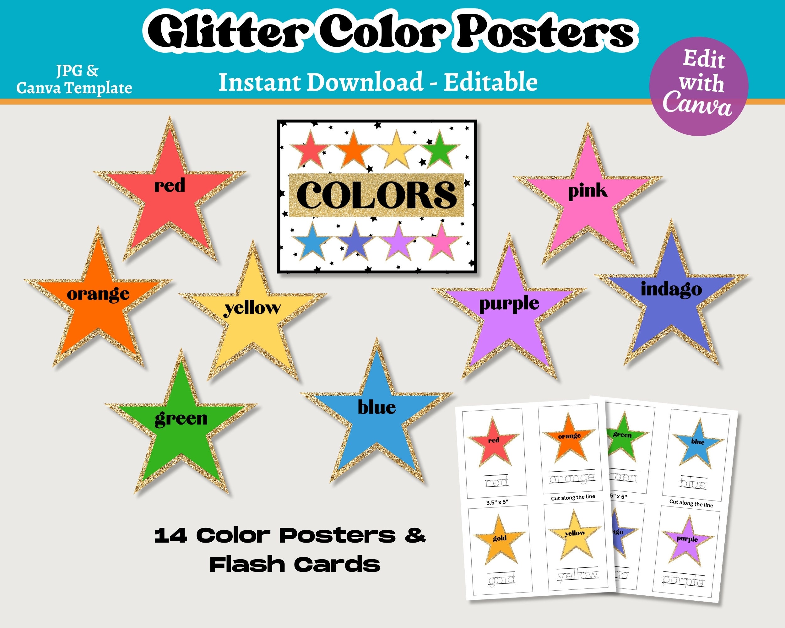 Glitter Sparkle Color Posters, Printable & Editable Color Prints, Basic ...