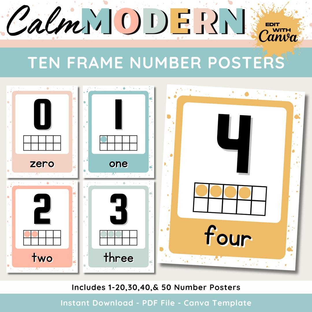 Calm Modern Ten Frame Number Posters, Neutral Printable & Editable ...