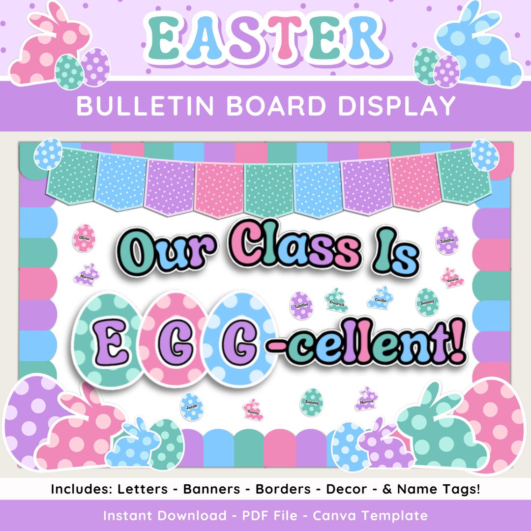 Easter Bulletin Board Display Kit: Pastel Polka Dot Eggs & Bunny ...