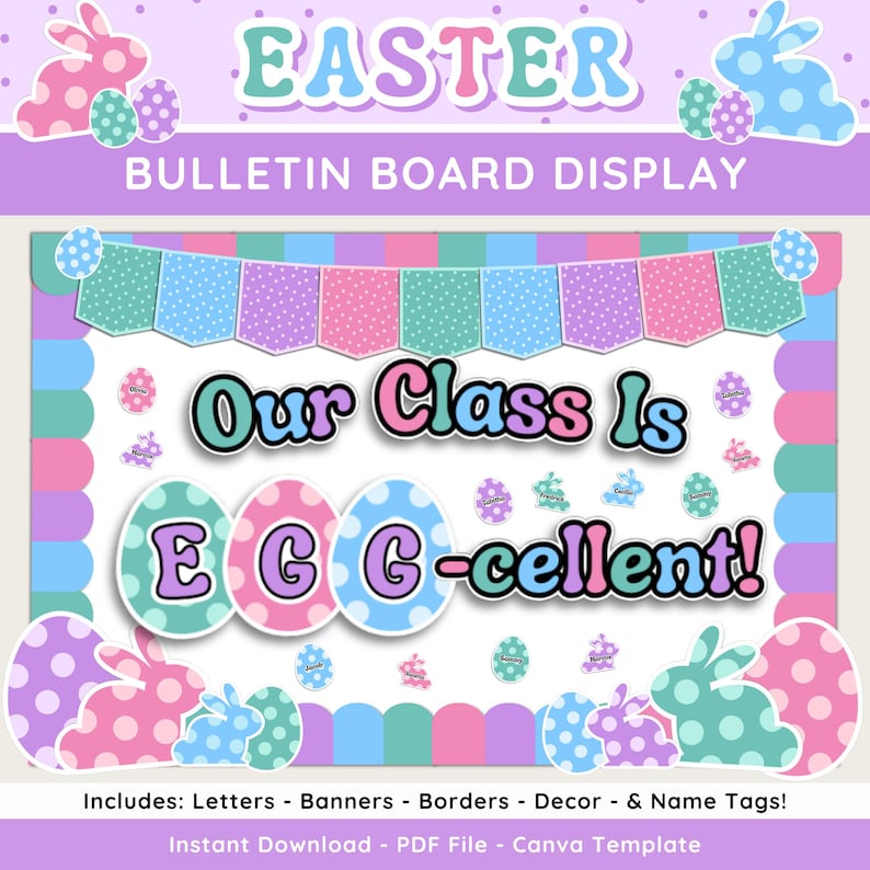 Easter Bulletin Board Display Kit: Pastel Polka Dot Eggs & Bunny ...