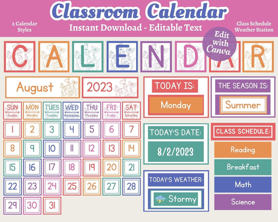 Rainbow Wildflower Calendar Bundle, Learning Decor, Editable Calendar ...