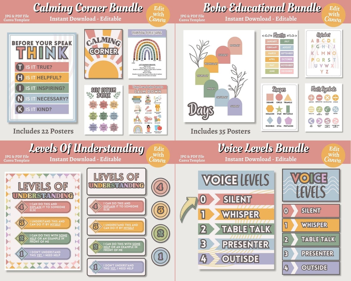 Boho Rainbow Editable Classroom Decor Bundle, Canva Template, Teacher ...