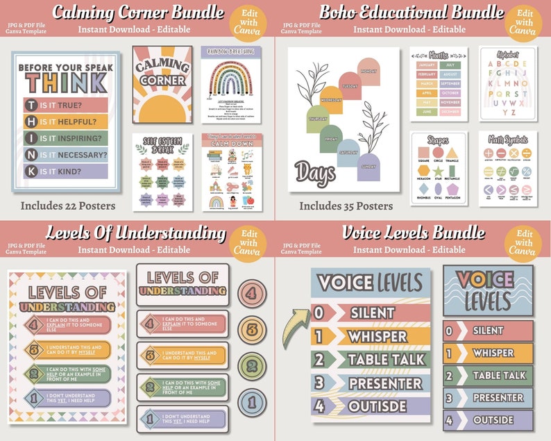 Boho Rainbow Classroom Decor Bundle: Teacher Printables (canva Template ...