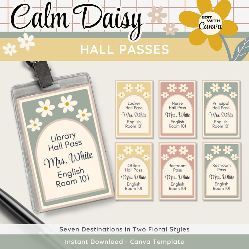 Boho Daisy Classroom Hall Passes: Printable Teacher Canva Template ...