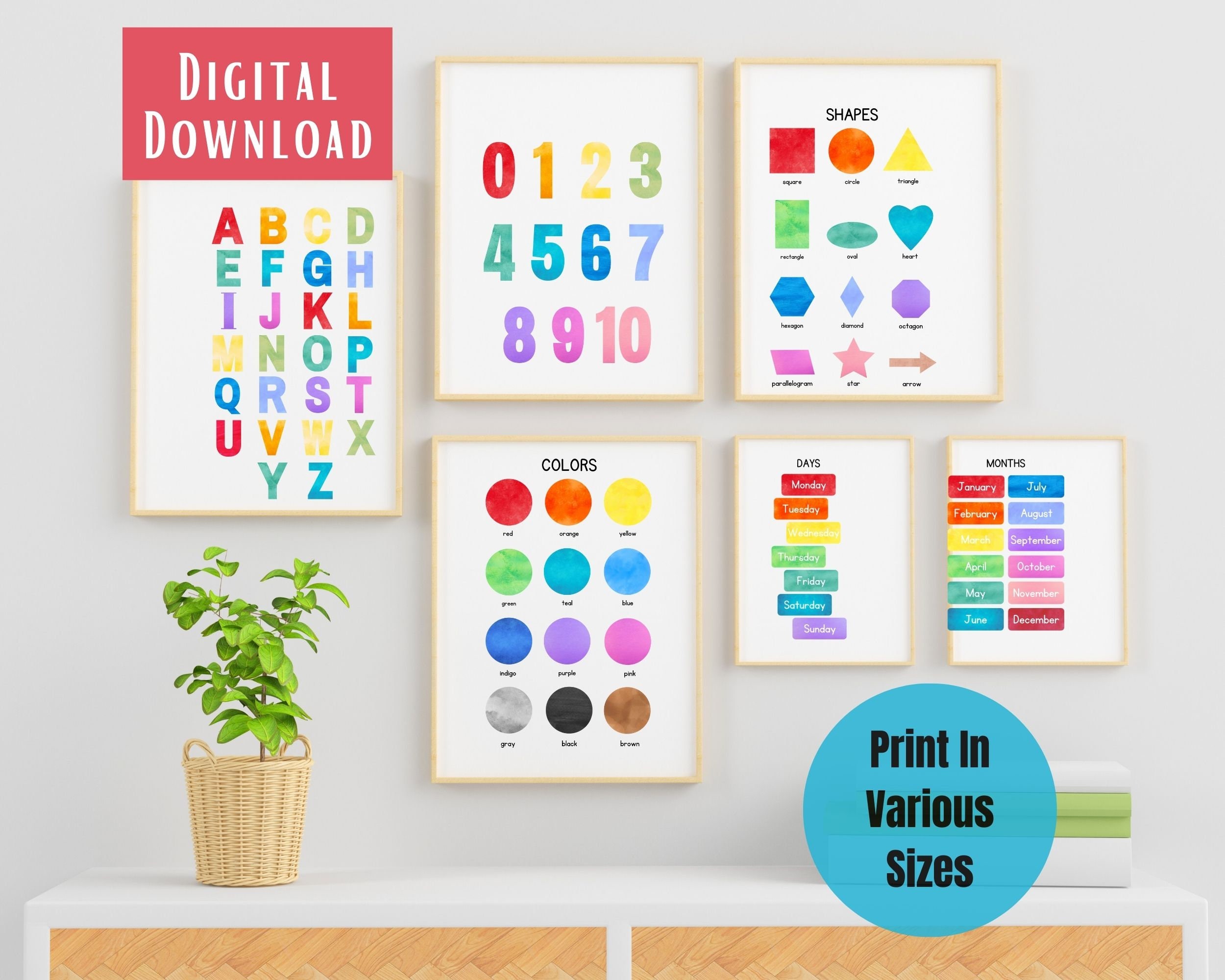 Set of Educational Posters, 8 Learning Prints, Watercolor Rainbow ...