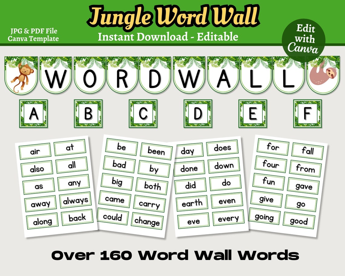 Jungle Word Wall, Primary Word Display, Editable Word Wall Printable ...
