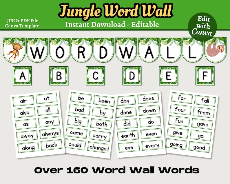 Jungle Word Wall, Primary Word Display, Editable Word Wall Printable ...