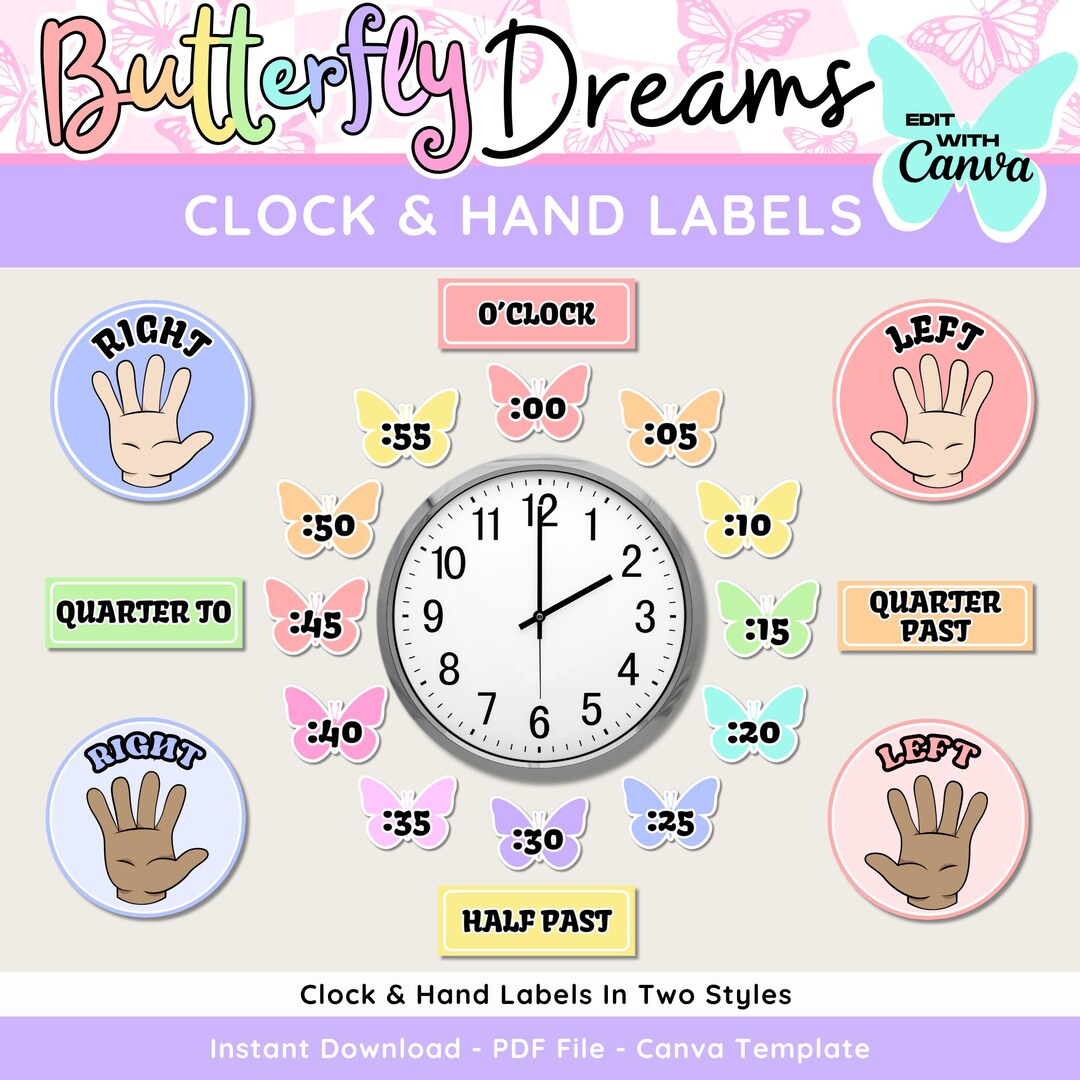Pastel Butterfly Clock Labels, Printable Left & Right Hand Posters ...