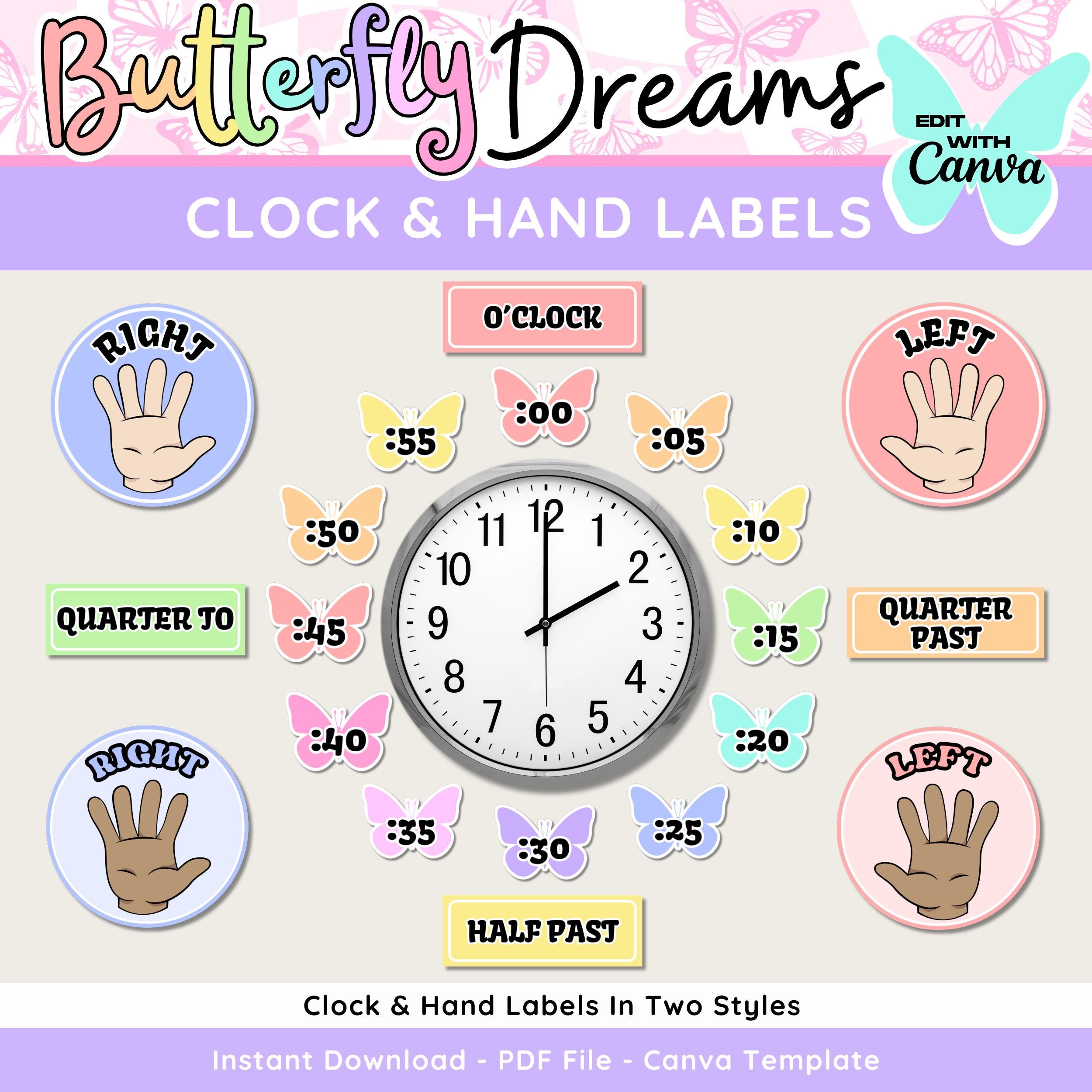 Pastel Butterfly Clock Labels, Printable Left & Right Hand Posters ...