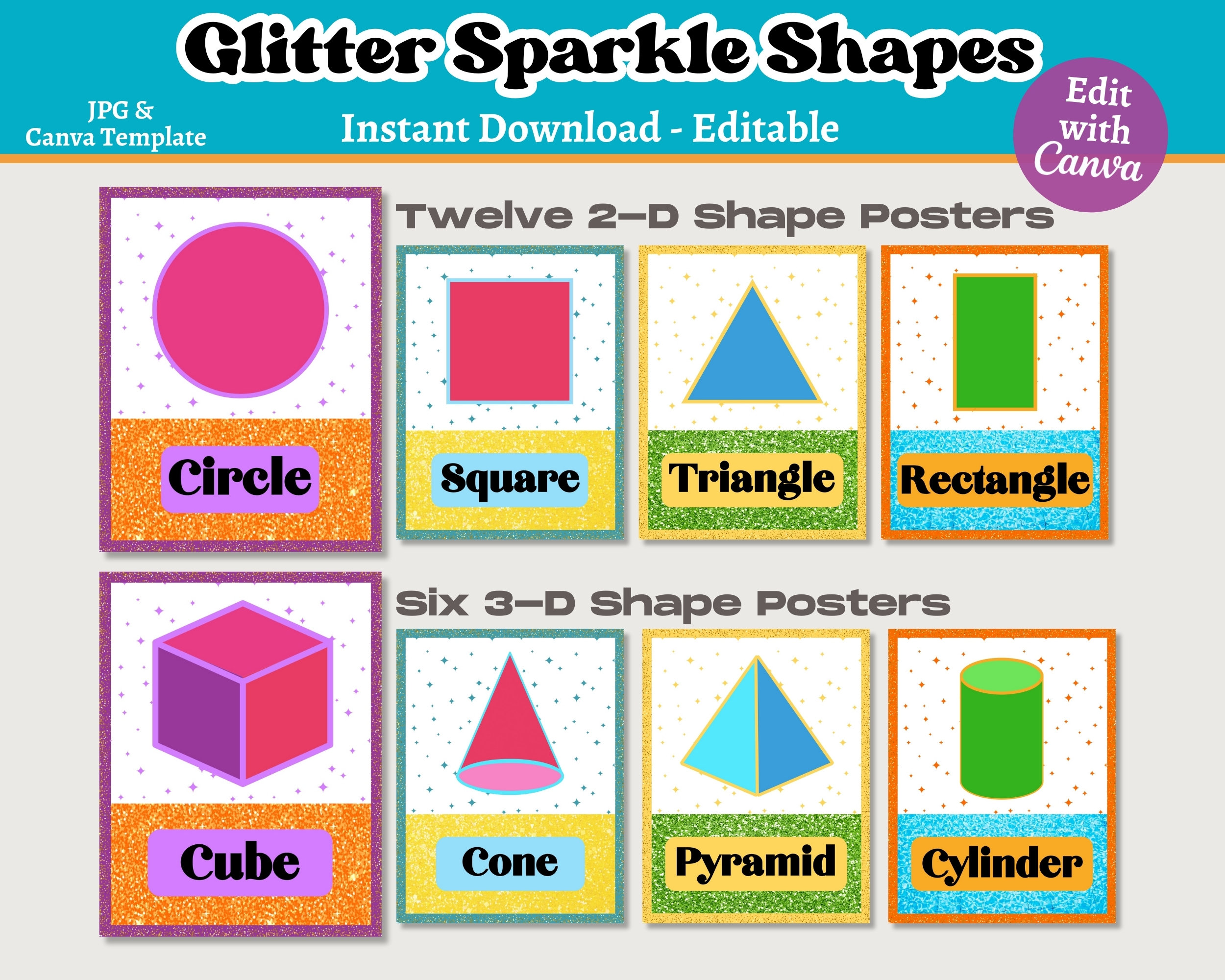Glitter Sparkle Shape Posters, Printable & Editable 2D and 3D Shape ...