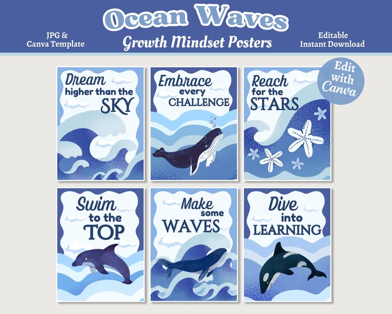 Ocean Theme Growth Mindset Posters, Printable & Editable Inspirational ...