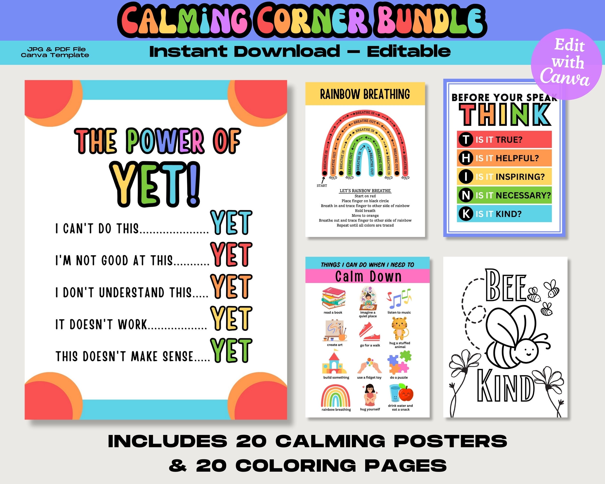 Bright Rainbow Calming Corner Printable Posters, Editable Teacher ...