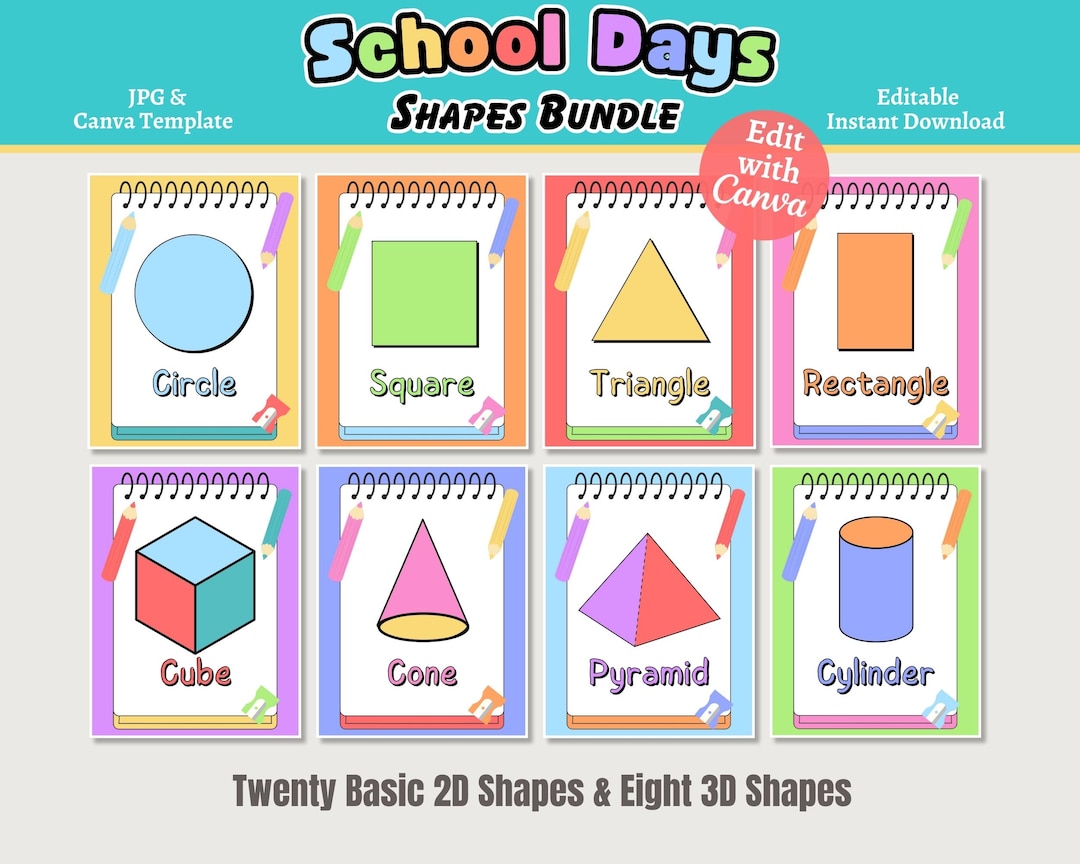 School Theme Shapes Bundle, Printable & Editable 2D Shape Posters, 3D ...