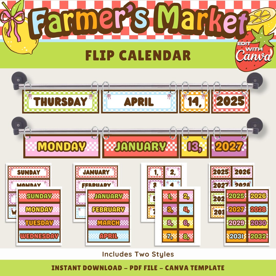 Classroom Hanging Flip Calendar: Farmer's Market Decor Theme, Editable ...