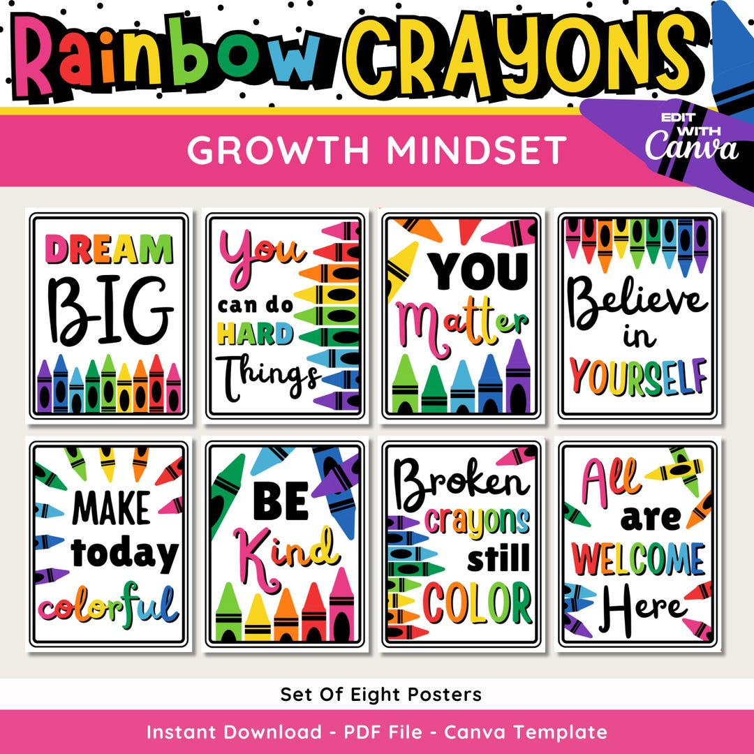 Rainbow Crayon Growth Mindset Posters, Printable & Editable Rainbow ...