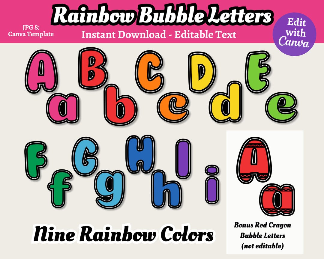 Printable Editable Bulletin Board Letters, Rainbow Bubble Letters, A-Z ...