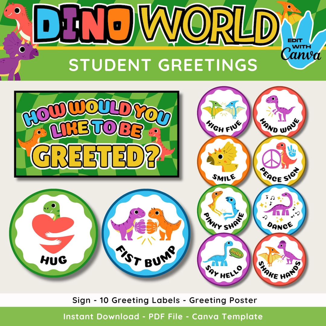 Dinosaur Classroom Greetings Poster: Editable Dino Decor (canva ...