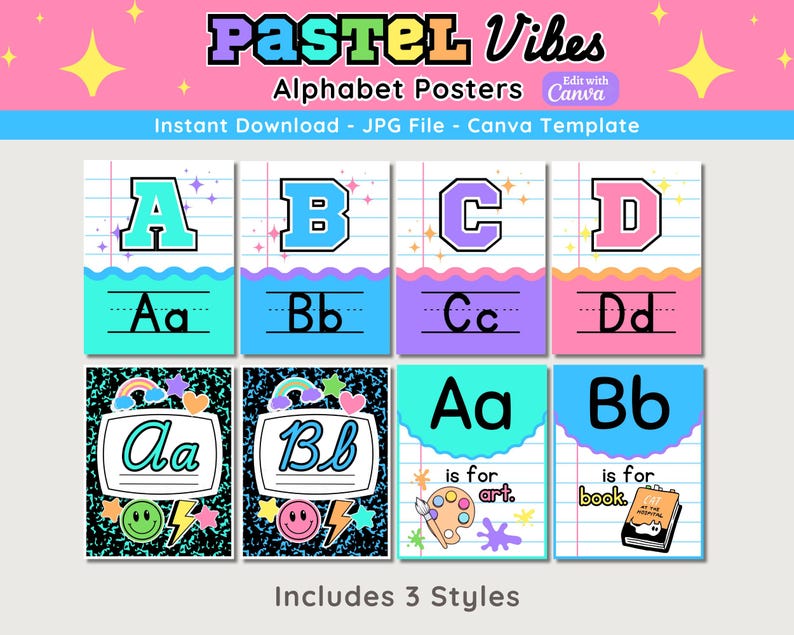 Pastel Alphabet Posters: A-Z Cursive, School Decor (canva Template ...