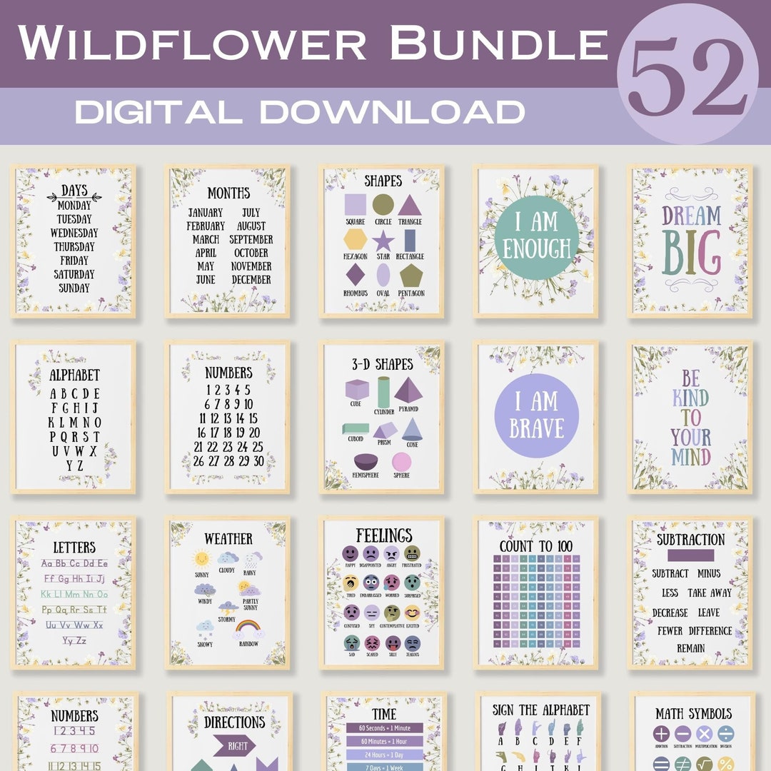Set of 52 Wildflower Educational Posters, Homeschool Prints, Montessori ...