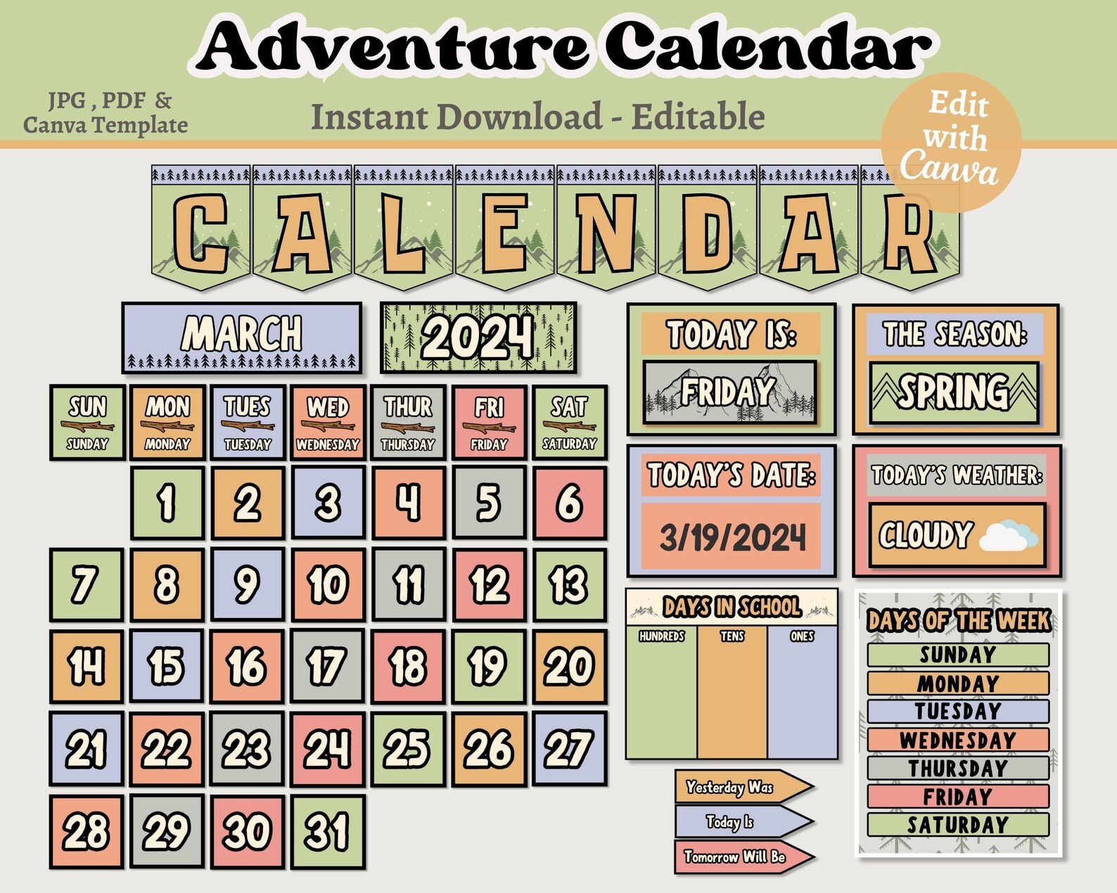 Classroom Calendar Display, Printable & Editable Calendar, Primary Ed ...