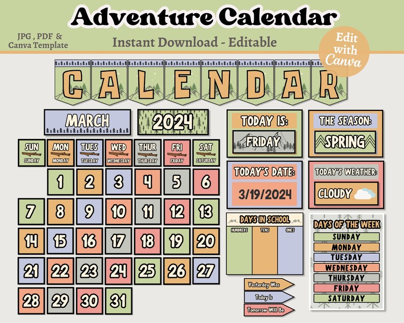 Classroom Calendar Display, Printable & Editable Calendar, Primary Ed ...