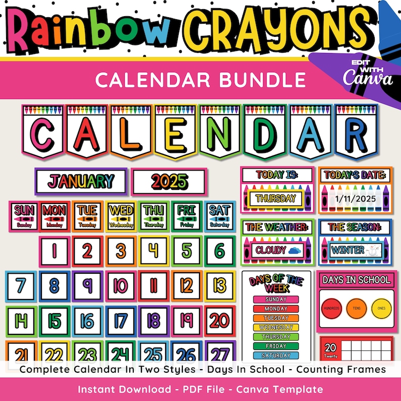 Rainbow Crayon Classroom Calendar Bundle: Printable Teacher Resources ...