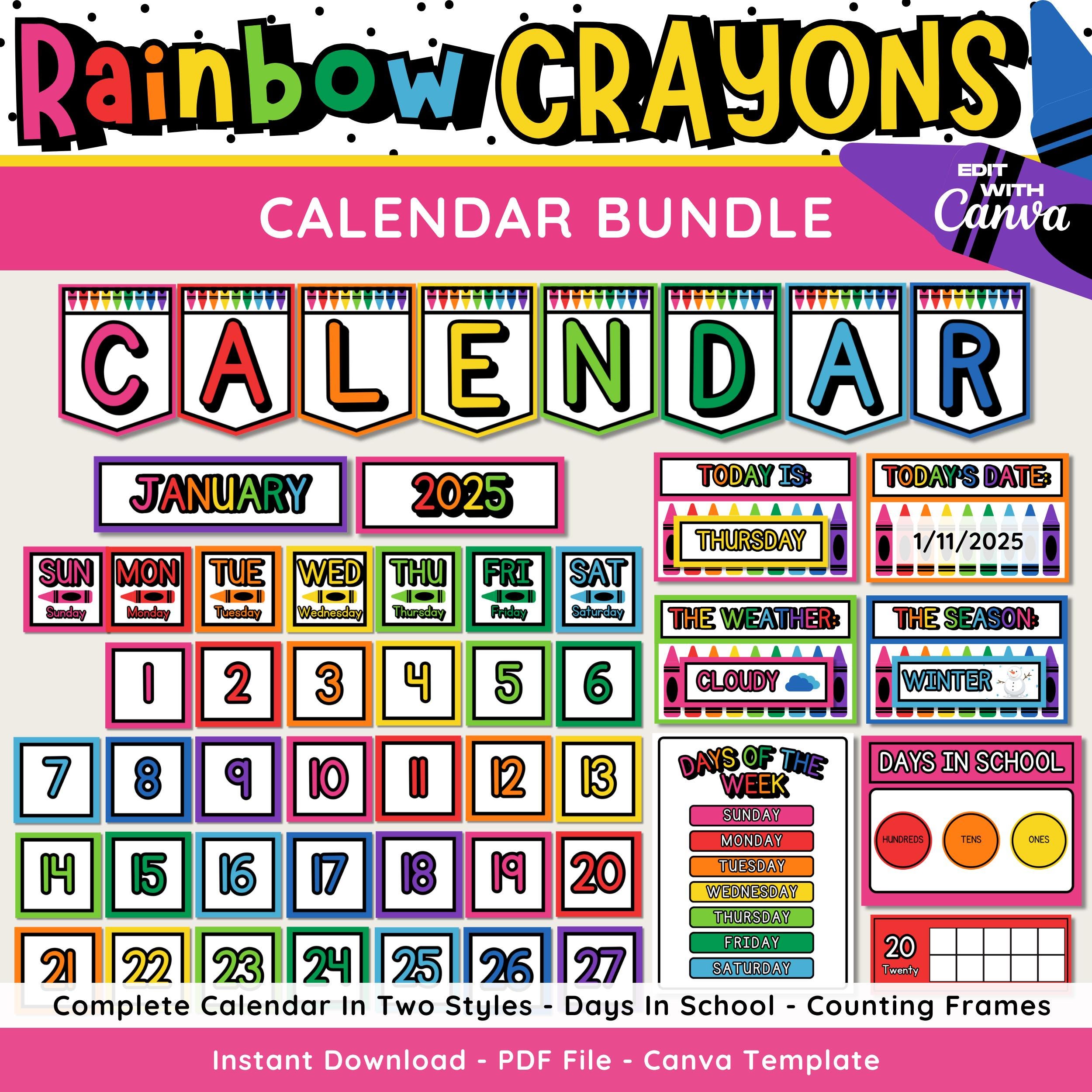 Rainbow Crayon Classroom Calendar Bundle: Printable Teacher Resources ...