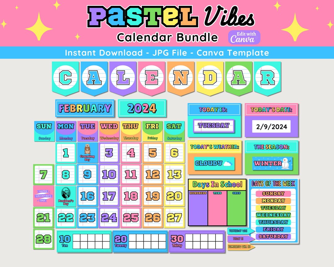 Editable Pastel Calendar Bundle, Printable Classroom Wall Calendar ...