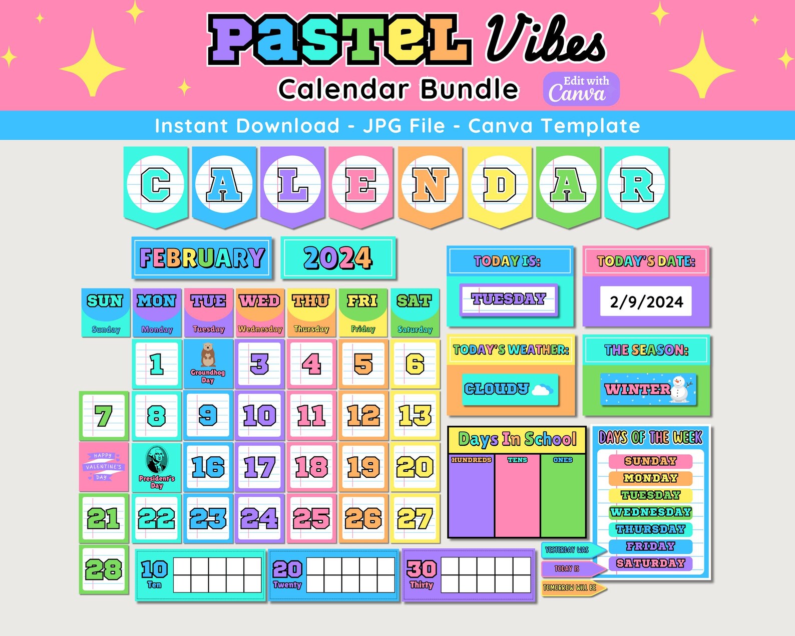 Pastel Classroom Calendar Bundle: Editable Canva Template (digital ...