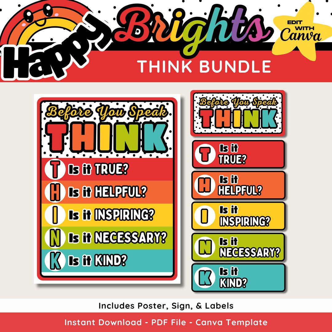Rainbow Classroom Think Poster, Printable & Editable Before You Speak ...