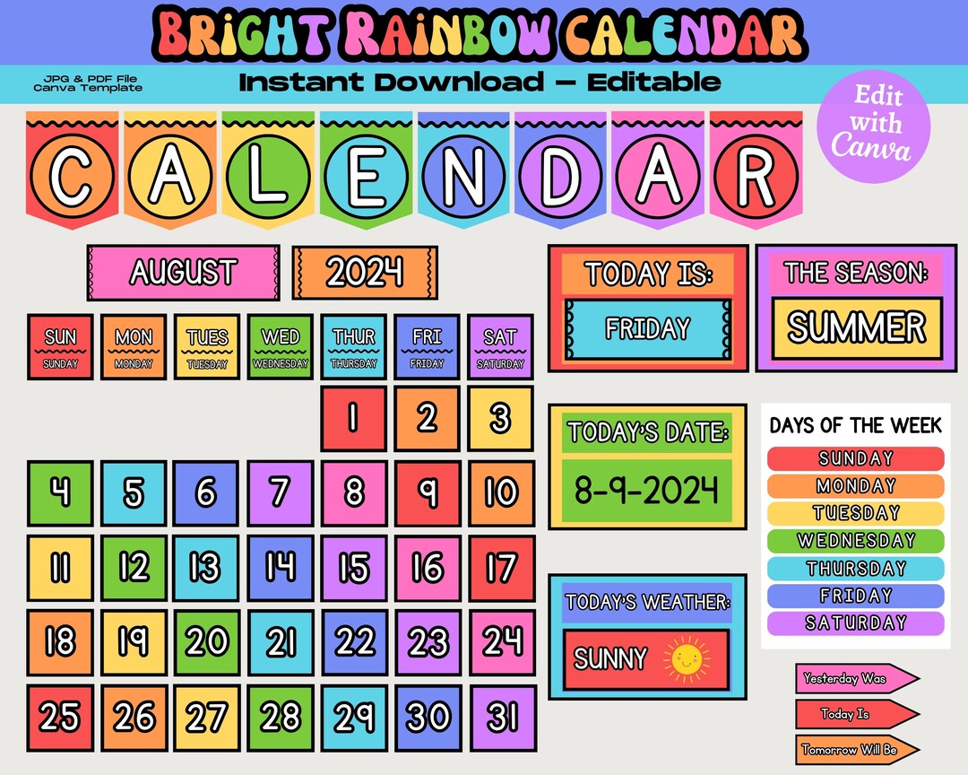 Bright Rainbow Classroom Calendar, Editable Classroom Calendar ...