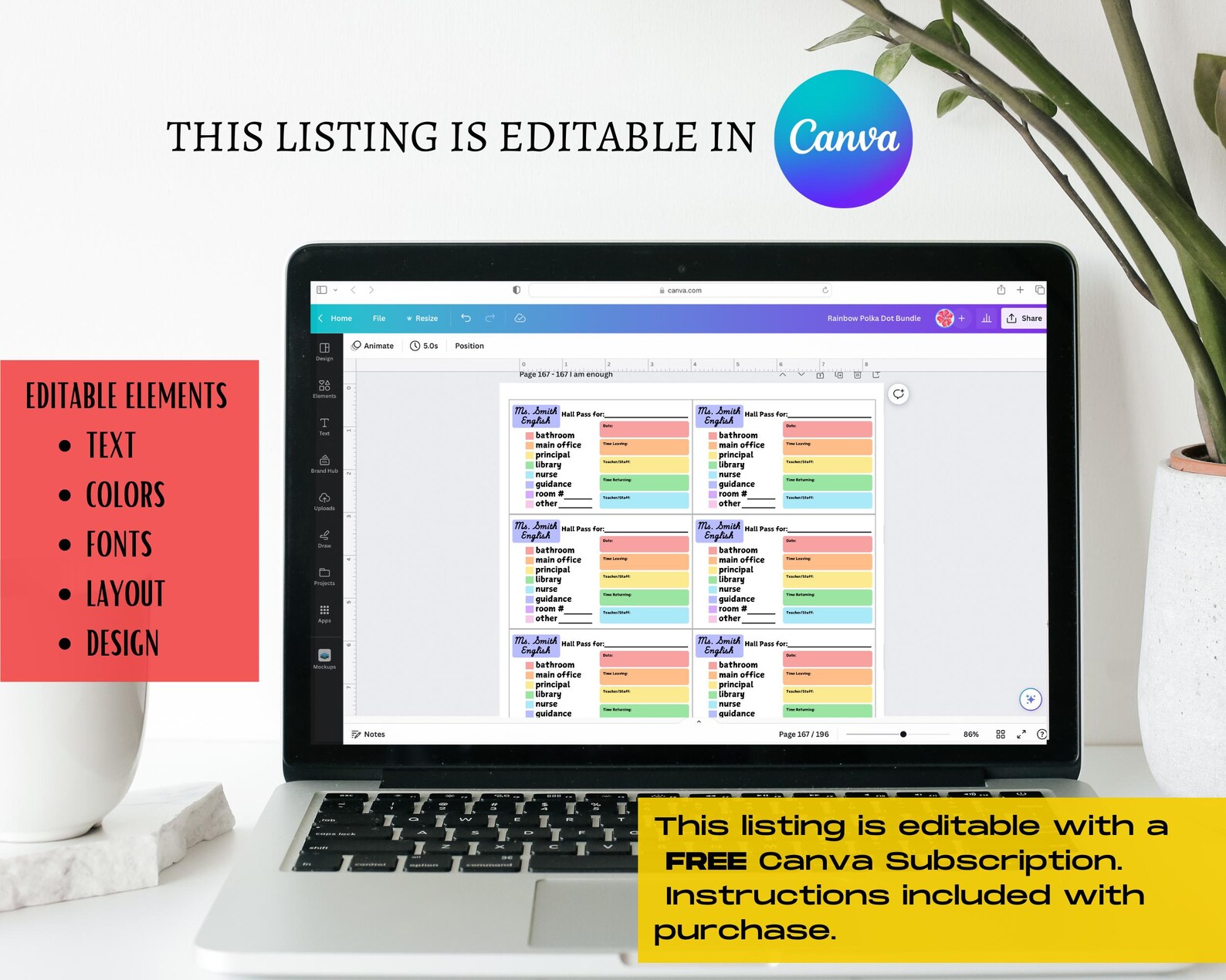 Printable Rainbow Teacher Hall Pass, Custom Editable Teacher Hall Pass ...