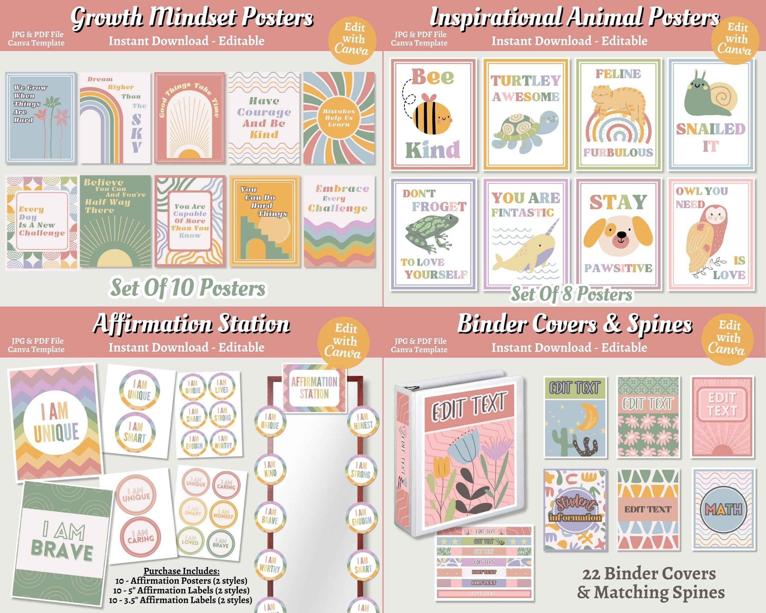 Boho Rainbow Editable Classroom Decor Bundle, Canva Template, Teacher ...