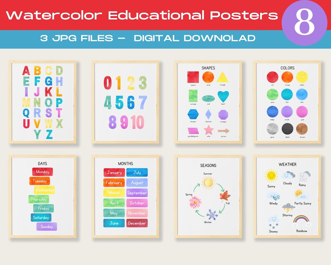 Set of Educational Posters, 8 Learning Prints, Watercolor Rainbow ...