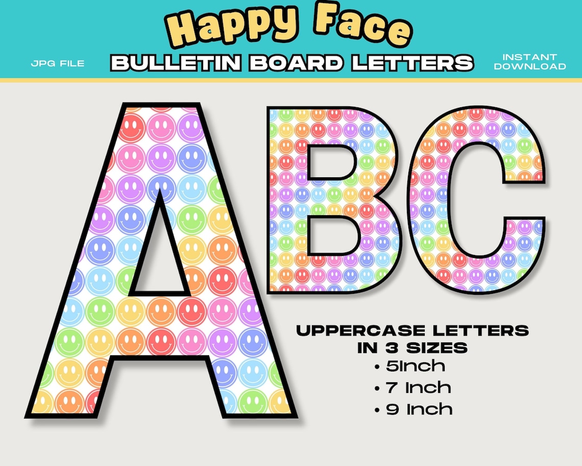 Rainbow Happy Face Bulletin Board Letters, Printable A-Z Display ...