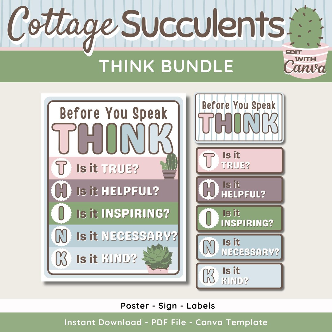 Think Poster & Labels: Calm Succulent Classroom Decor (canva Editable ...