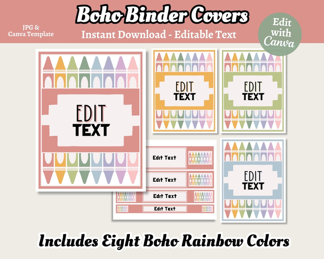 Boho Rainbow Crayon Binder Covers & Spines, Editable Binder Covers ...