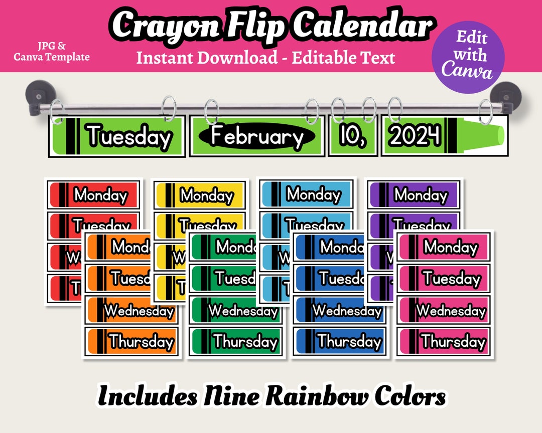 Crayon Flip Calendar, Editable Classroom Calendar, Canva Templates ...