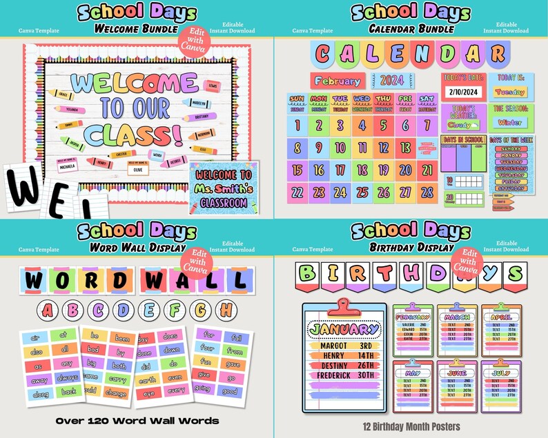 Editable Complete Classroom Decor Bundle, Printable Bright Rainbow ...