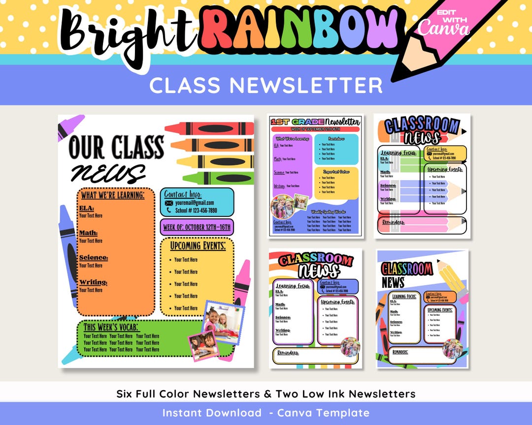 Bright Rainbow Classroom Newsletter, Editable Teacher Newsletter, Low ...