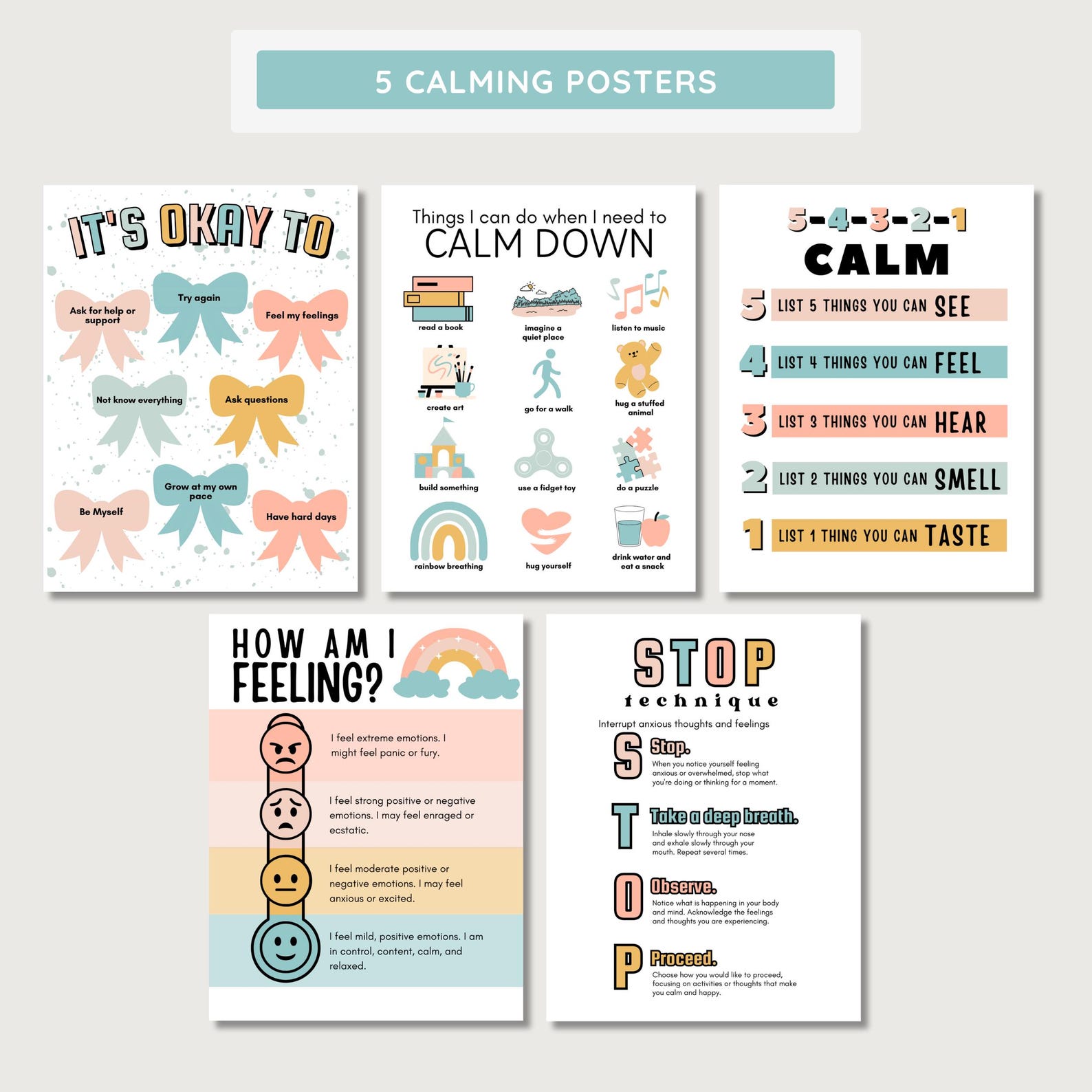 Calming Corner Posters: Breathing Exercises, Neutral Classroom Decor ...