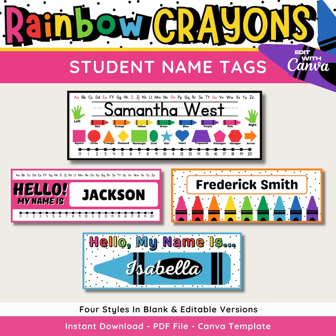 Rainbow Crayon Student Name Tags, Printable & Editable Classroom Desk ...