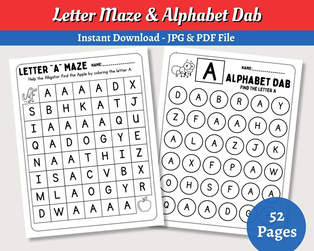 Letter Maze & Alphabet Dab Printable, 52 Alphabet Worksheets, Toddler ...