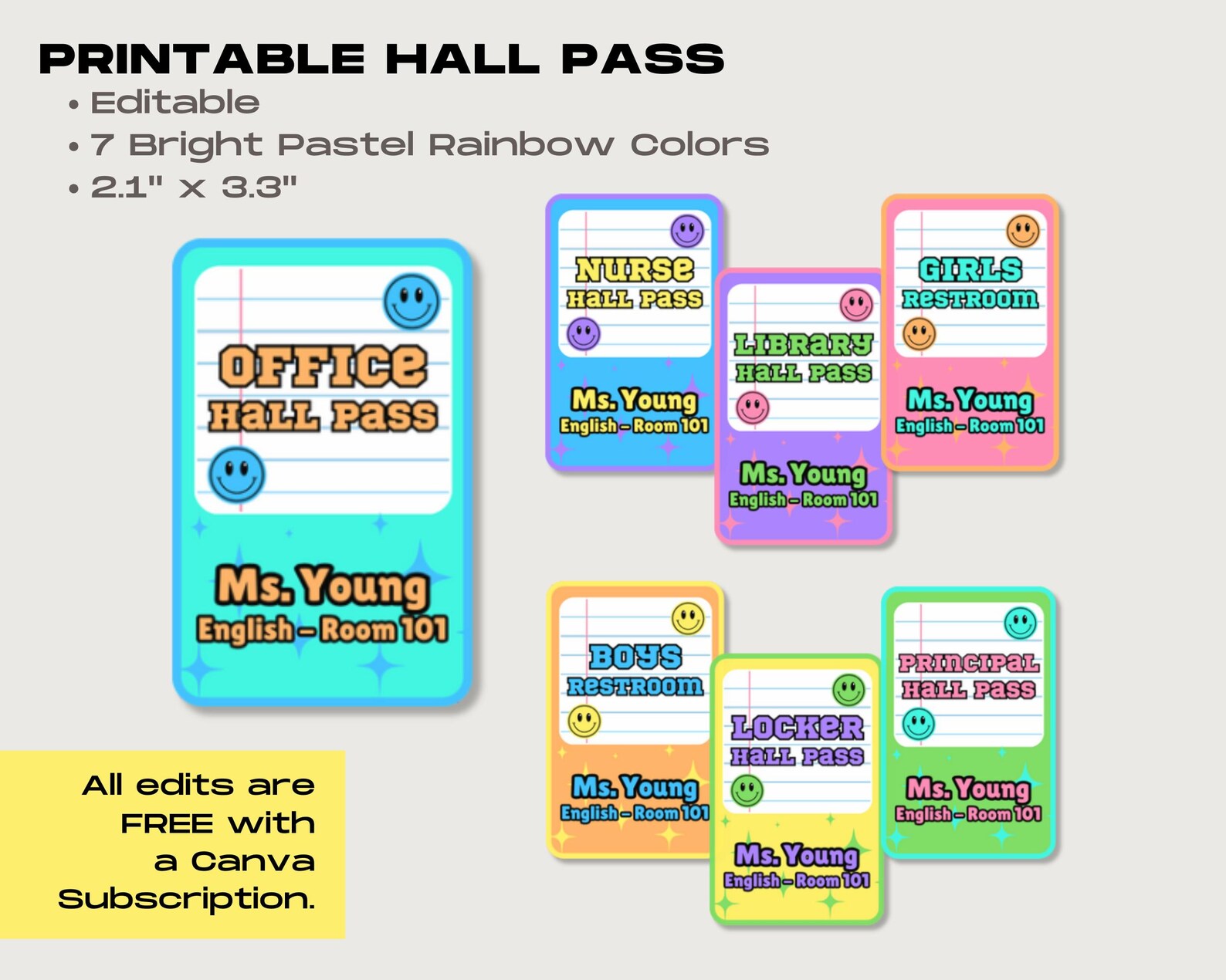 Editable Pastel Hall Passes Template, Printable School Restroom Passes ...