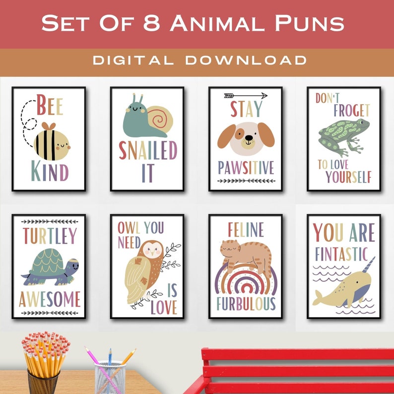Boho Animal Pun Posters, Classroom Animal Wall Art, Kids Bedroom Art ...