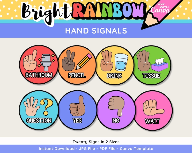 Rainbow Classroom Hand Signal Posters: Editable Decor (digital Download ...
